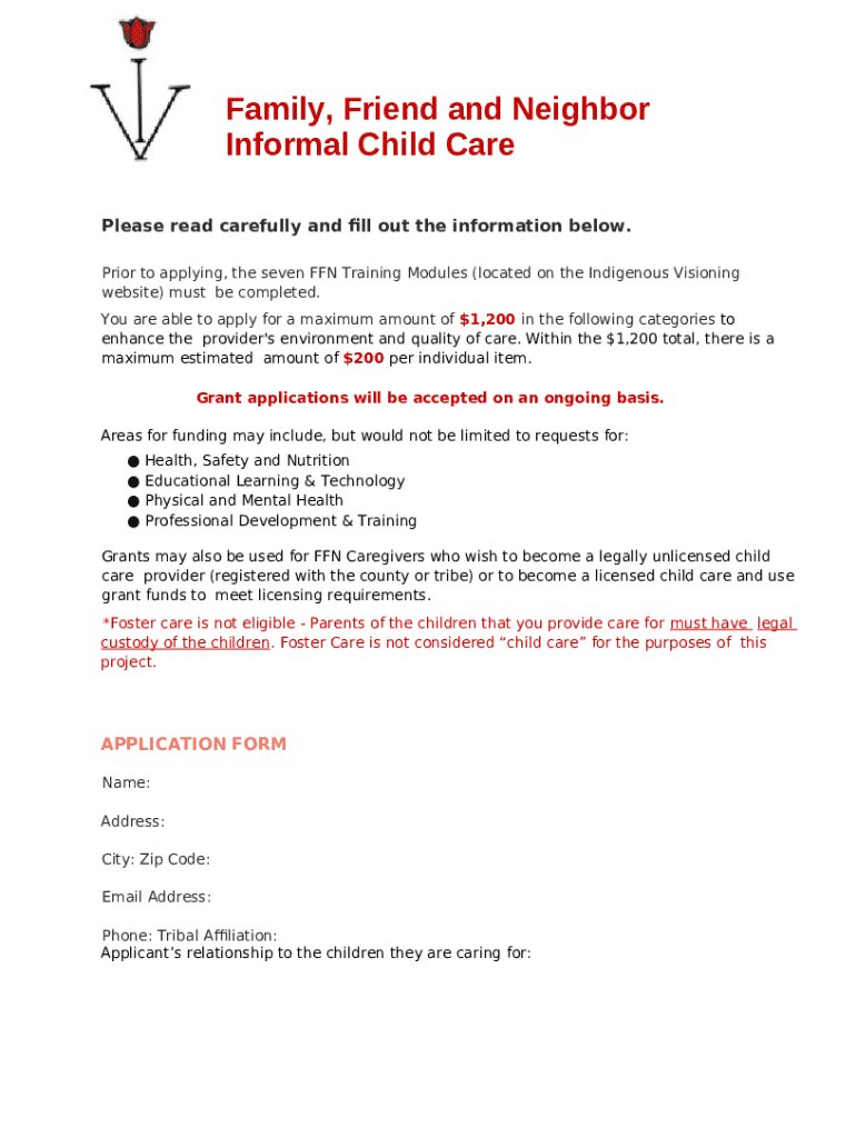 Family, Friend and Neighbor Inal Child Care Doc Template | pdfFiller