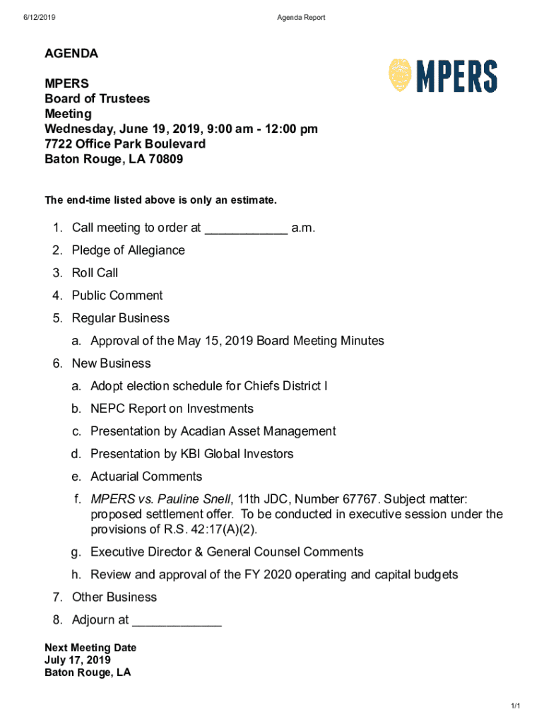 Fillable Online Mpers Board of Trustees Meeting Agenda - June 2019 Fax ...