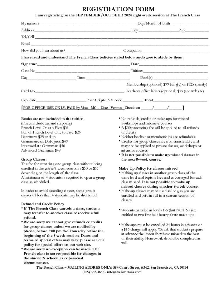 Fillable Online September/october 2024 Registration for the French ...