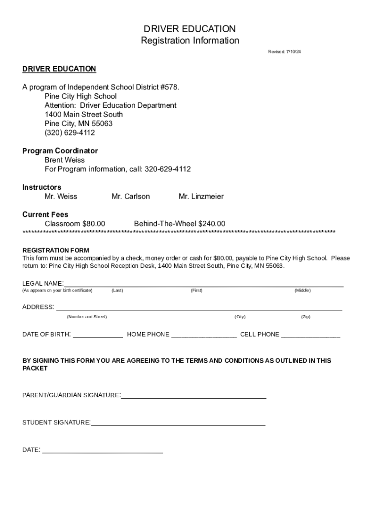 Fillable Online Drivers Ed Registration Information Handout Spring 2024 ...
