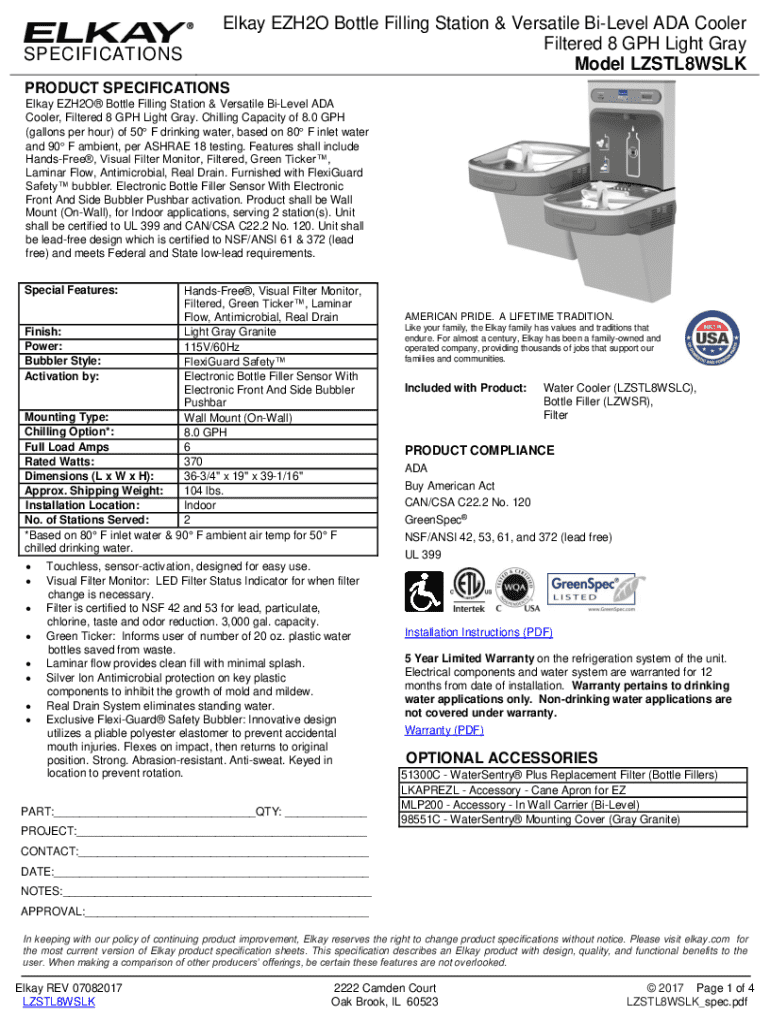 Fillable Online SPECIFICATIONS ezH2O Bottle Filling Station & Versatile Bi ... Fax Email Print ...
