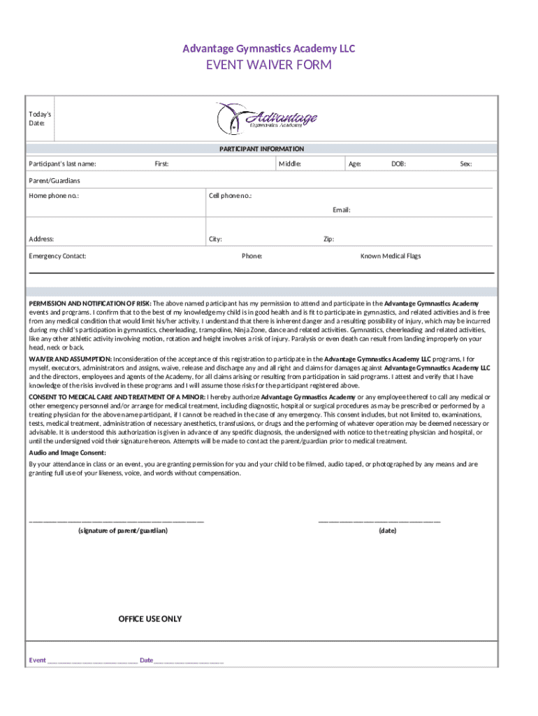 Advantage Gymnastics Academy Llc Event Waiver Doc Template | pdfFiller