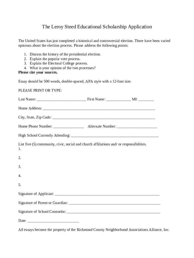 Leroy Steed Educational Scholarship Application Doc Template | pdfFiller