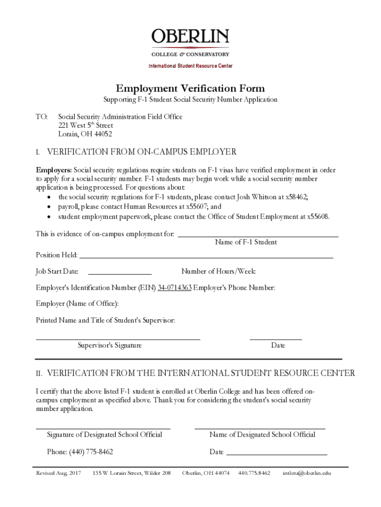 Fillable Online Employment Verification Form for F-1 Student Ssn ...