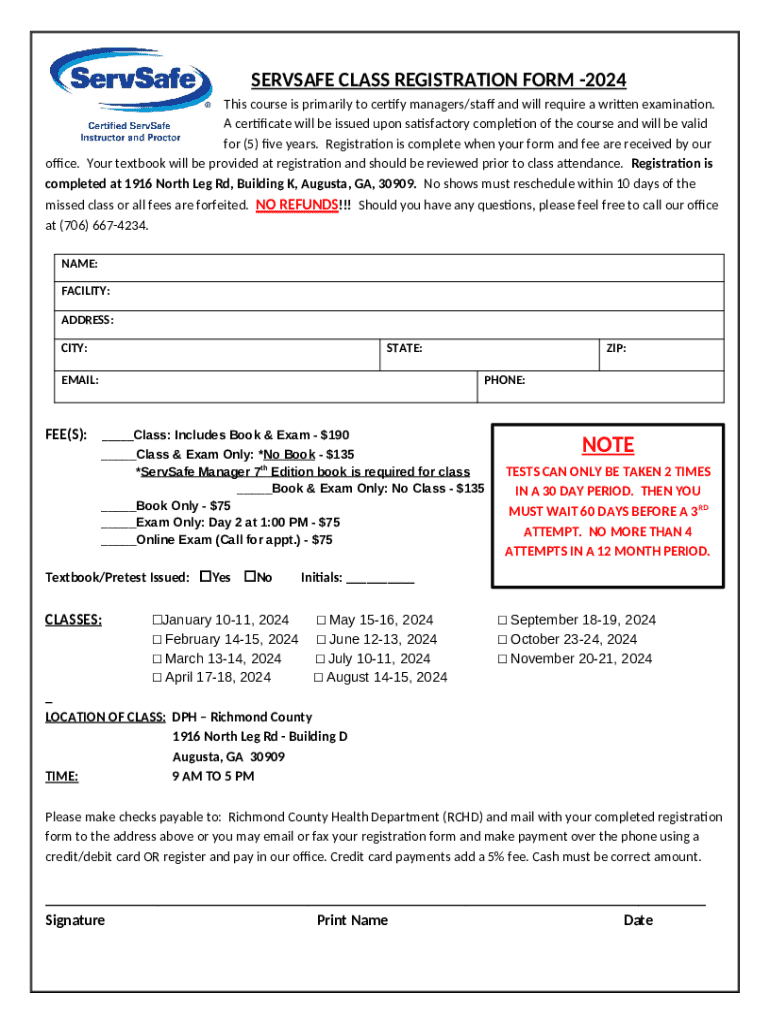 Servsafe Class Registration Doc Template | pdfFiller