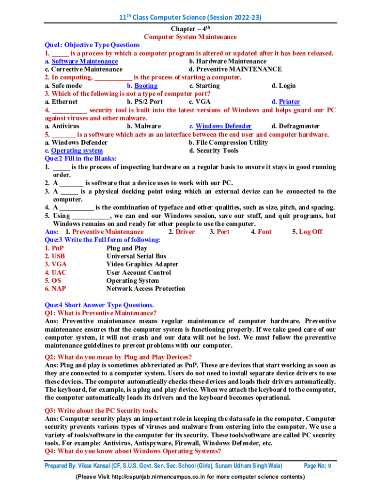 Fillable Online Computer System Maintenance - 11th Class Cs Exam Questions 2022-23 Fax Email ...