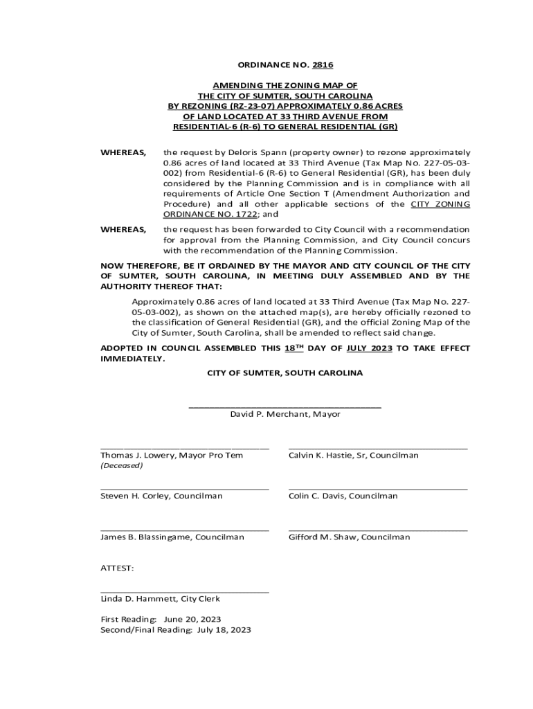Fillable Online ordinance no. 2816 amending the zoning map of the city ...