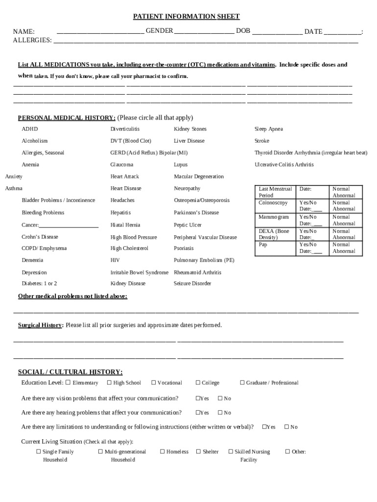 Patient Ination Sheet Doc Template | pdfFiller