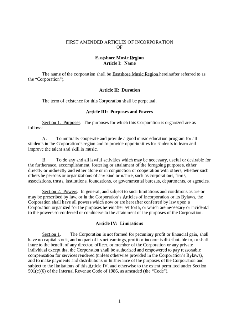 First Amended Articles of Incorporation Doc Template | pdfFiller