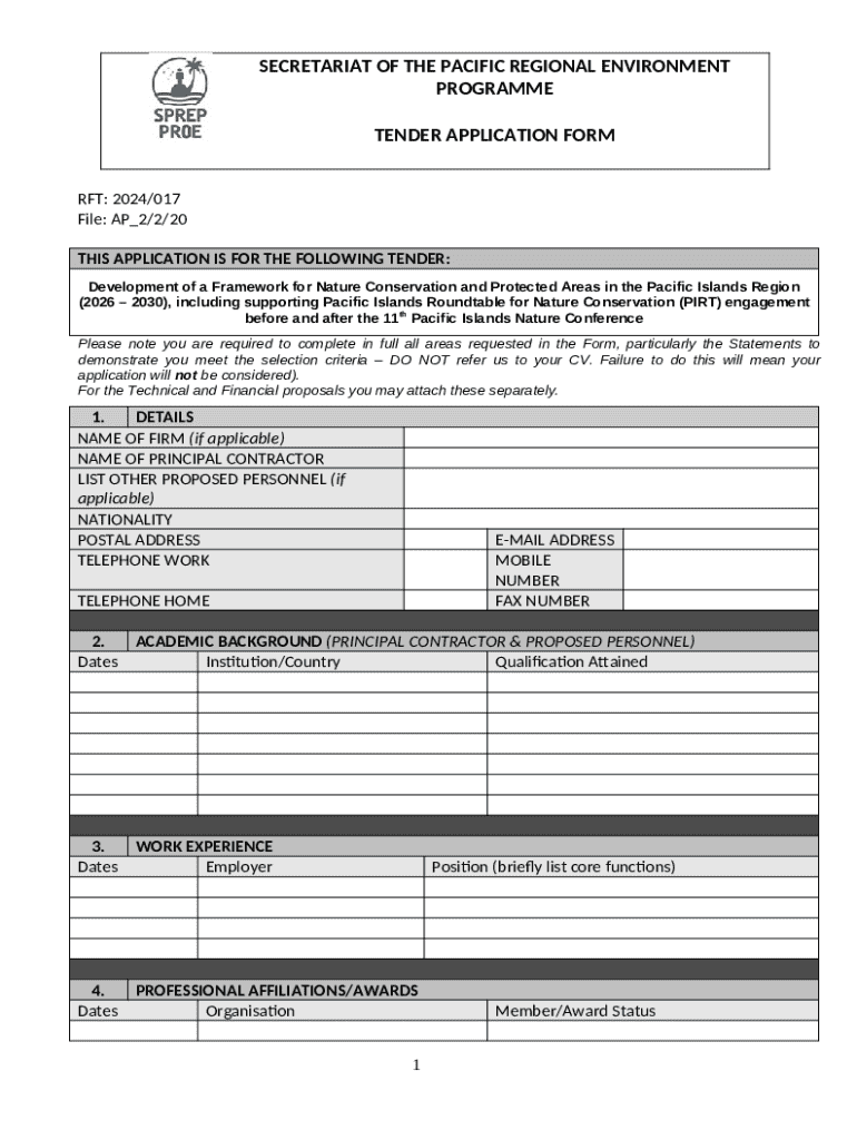 Tender Application Doc Template | pdfFiller