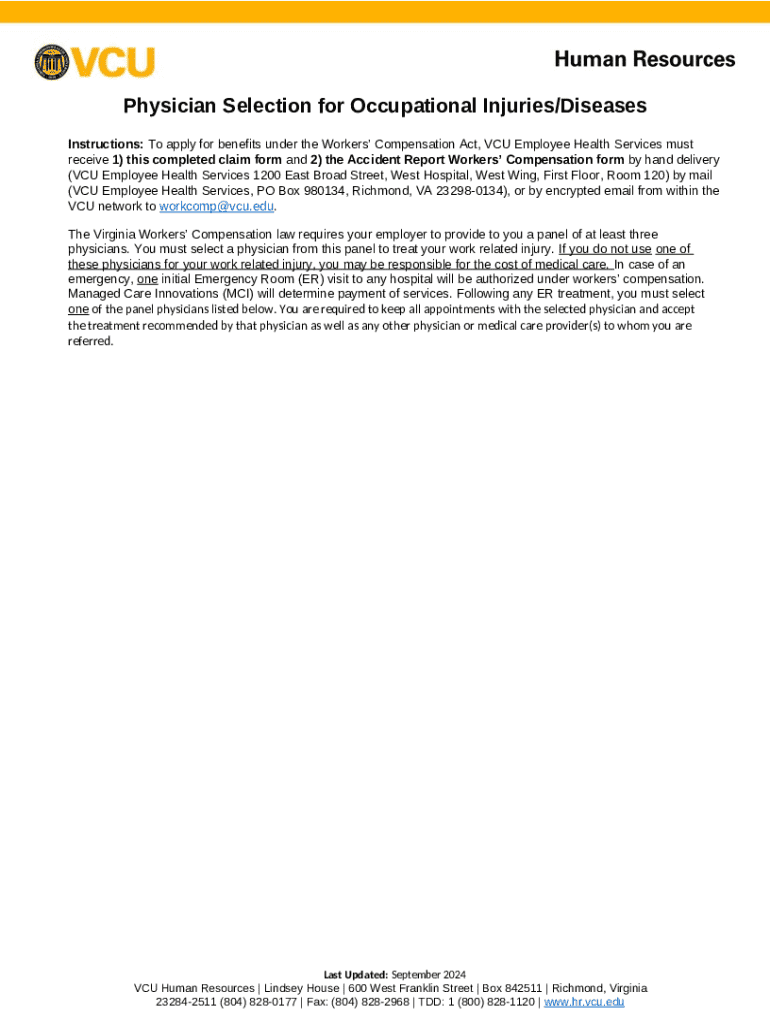Physician Selection for Occupational Injuries/diseases - hr vcu Doc ...