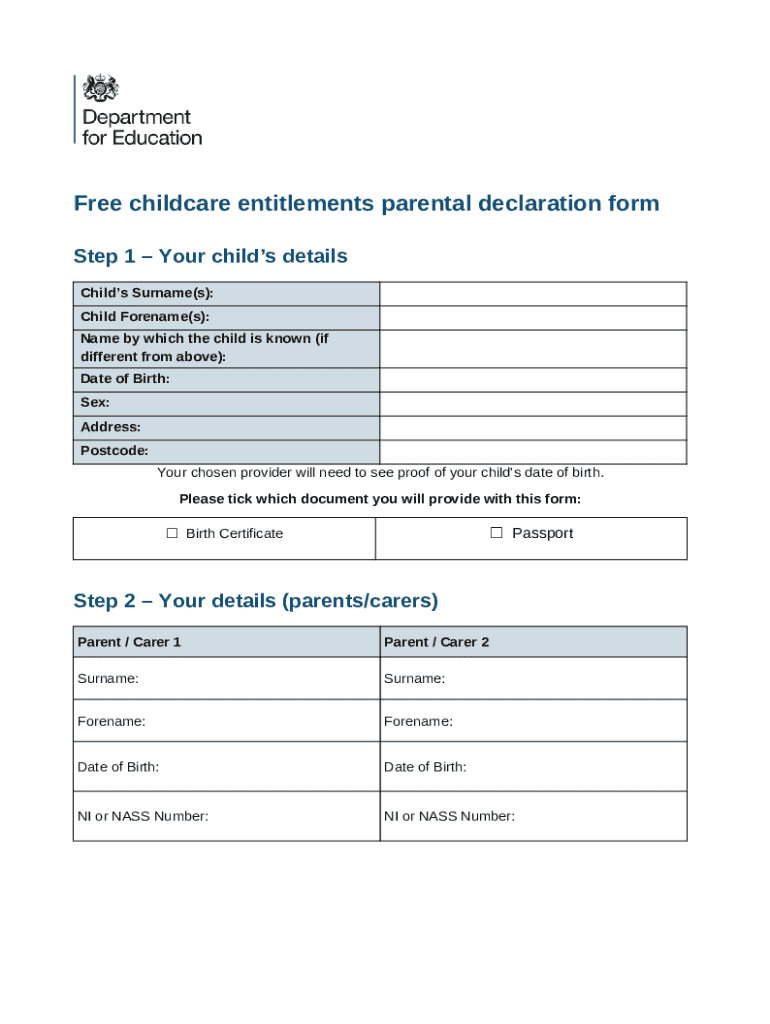 Parent Declaration for Free, EE2, EE3 and 30 Hours ... Doc Template | pdfFiller