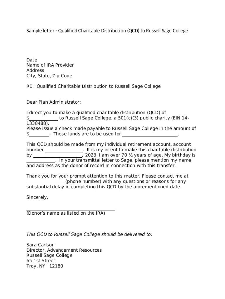 Sample Letter - Qualified Charitable Distribution Doc Template | pdfFiller