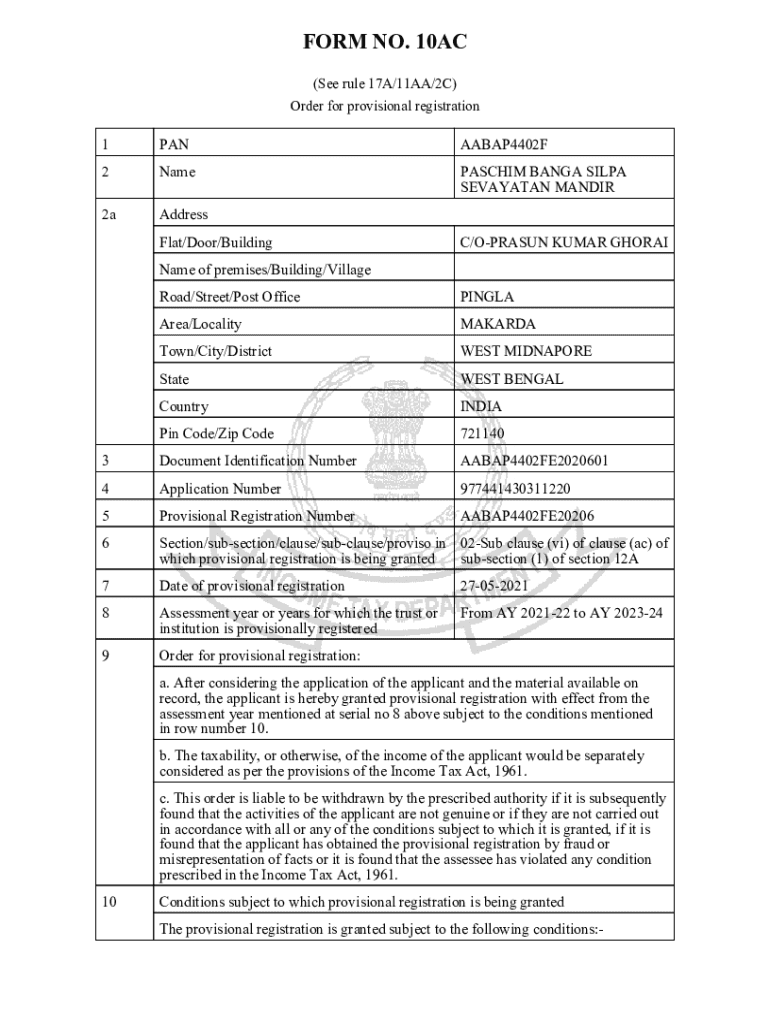 Fillable Online Provisional Registration Order Under Income Tax Act ...