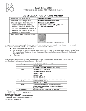 Fillable Online Uk Declaration of Conformity for Beosound A9 Wireless Speaker 2023 Fax Email ...