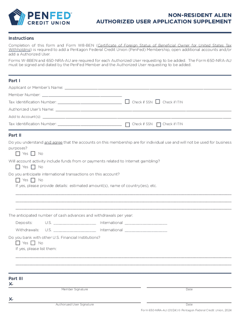 Fillable Online Non-resident Alien Authorized User Application 2024 Fax ...