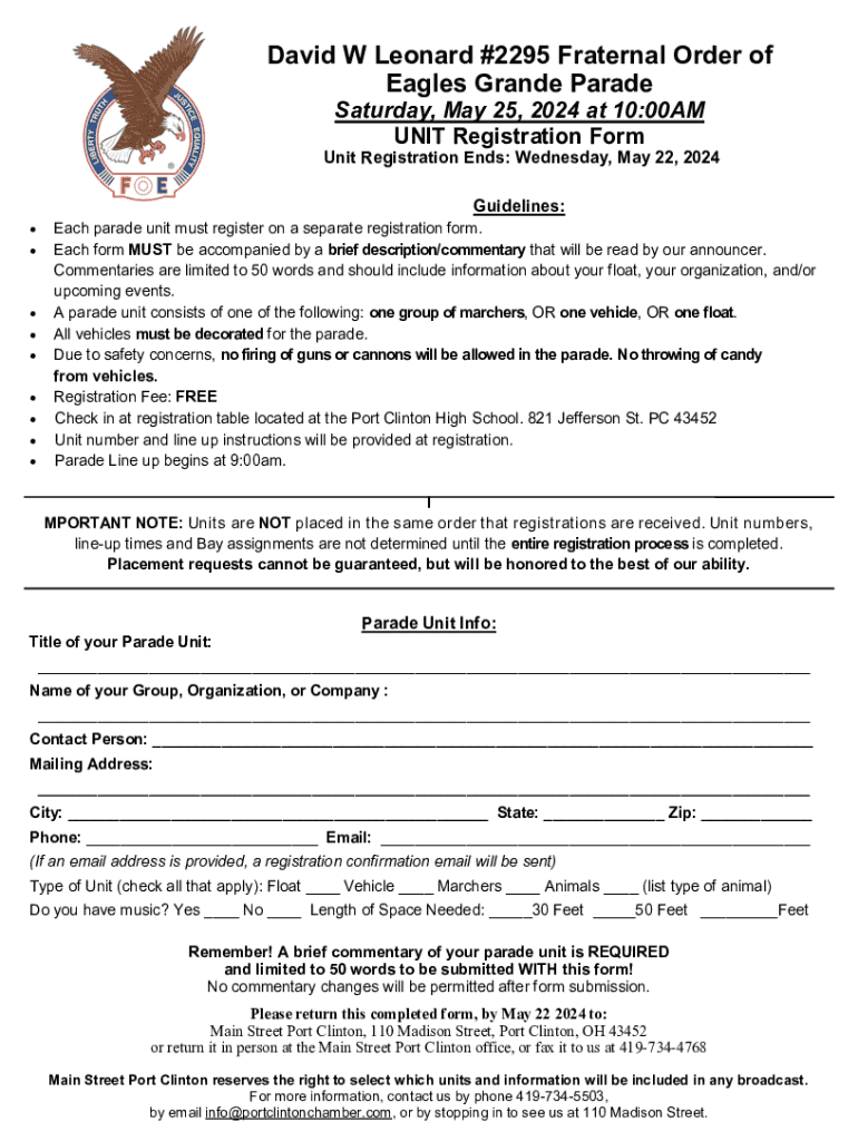 Fillable Online 2024 Fraternal Order of Eagles Grande Parade ...
