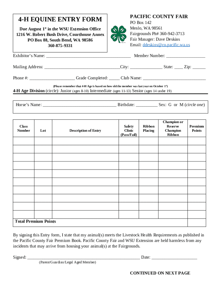 Pacific County Fair Entry Doc Template | pdfFiller