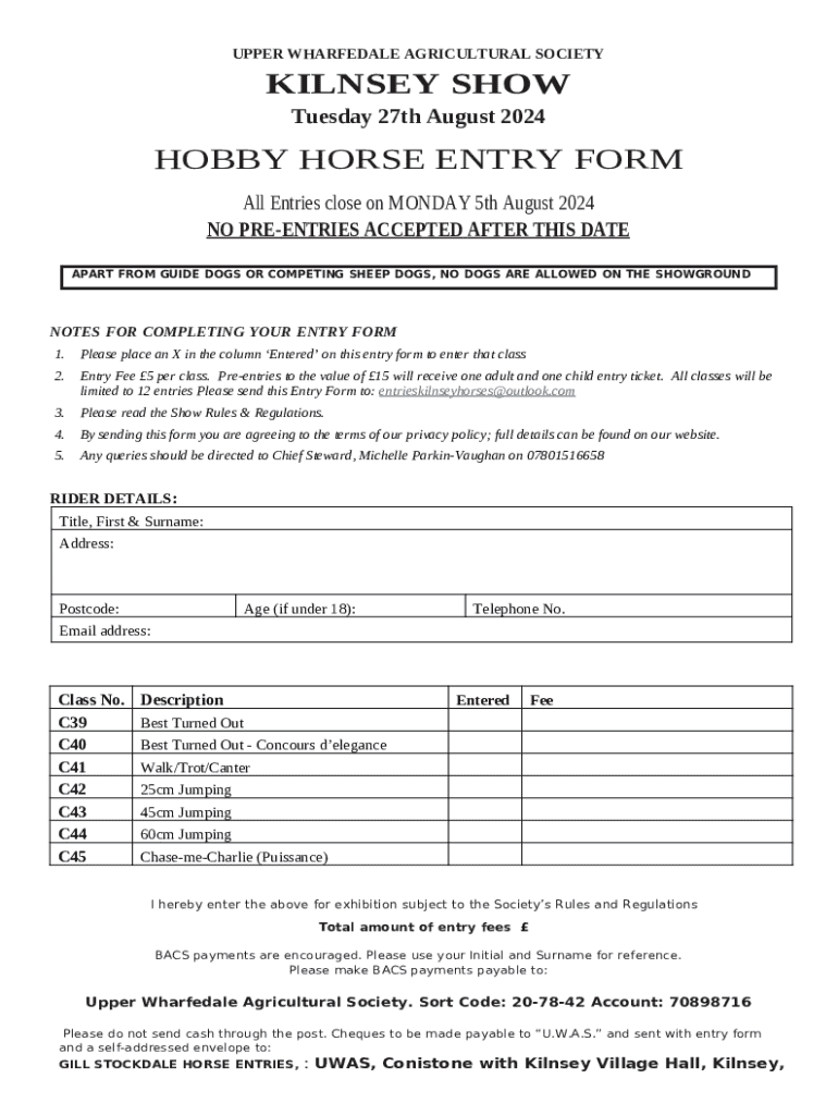 KILNSEY SHOW HOBBY HORSE ENTRY Doc Template | pdfFiller