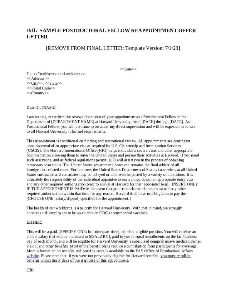 Postdoctoral Fellow Reappointment Offer Letter Doc Template | pdfFiller
