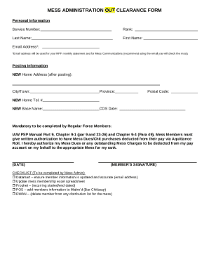 RMC MESS ADMINISTRATION OUT CLEARANCE Doc Template | pdfFiller