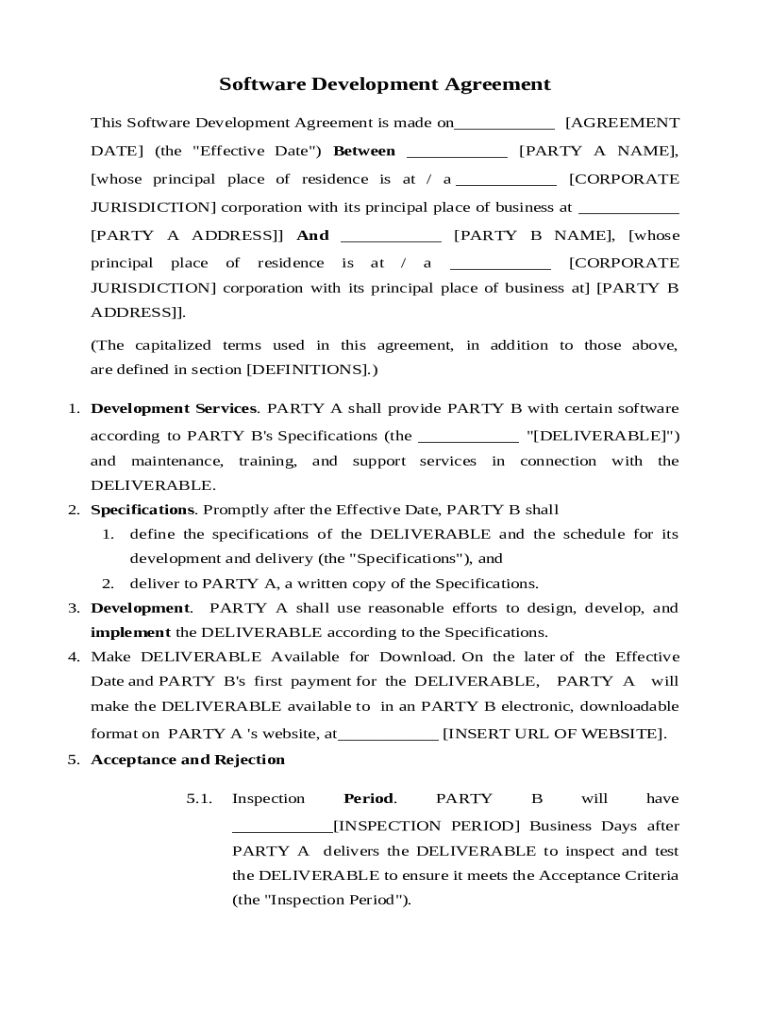 Software Development Agreement Doc Template | pdfFiller