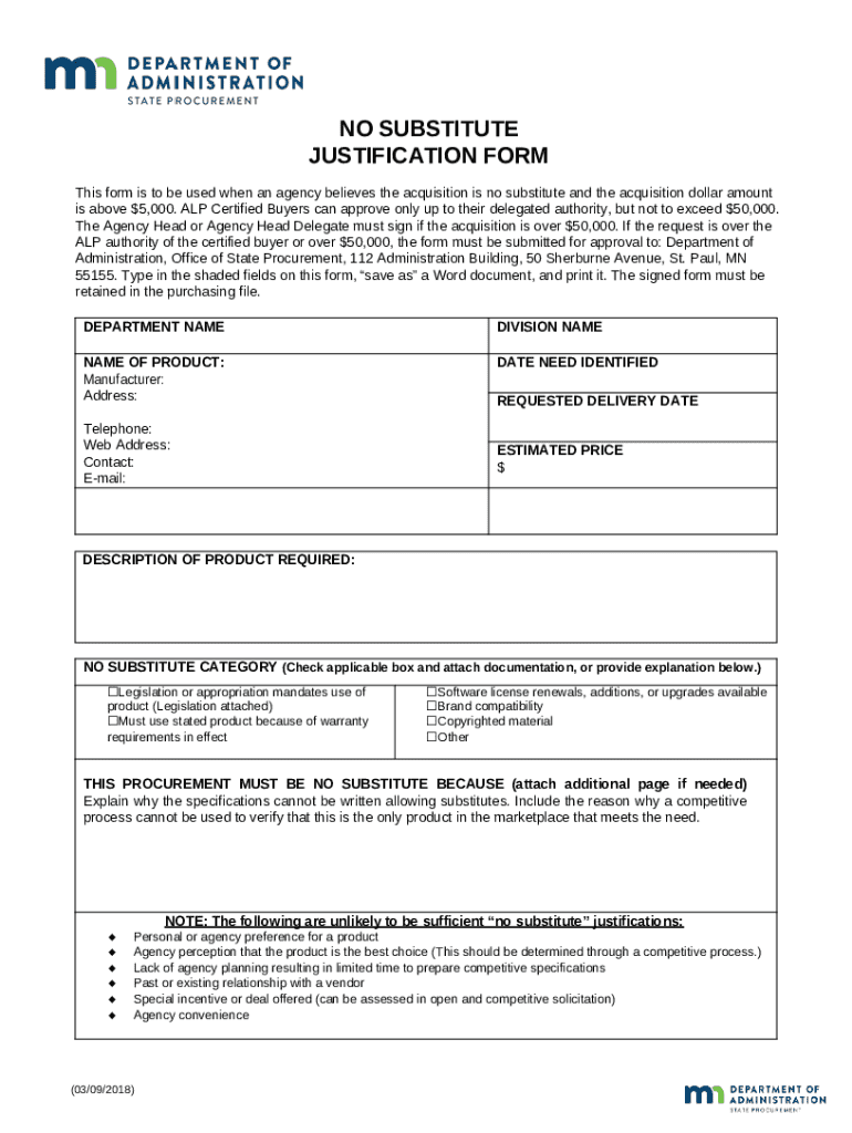 No Substitute Justification Doc Template | pdfFiller