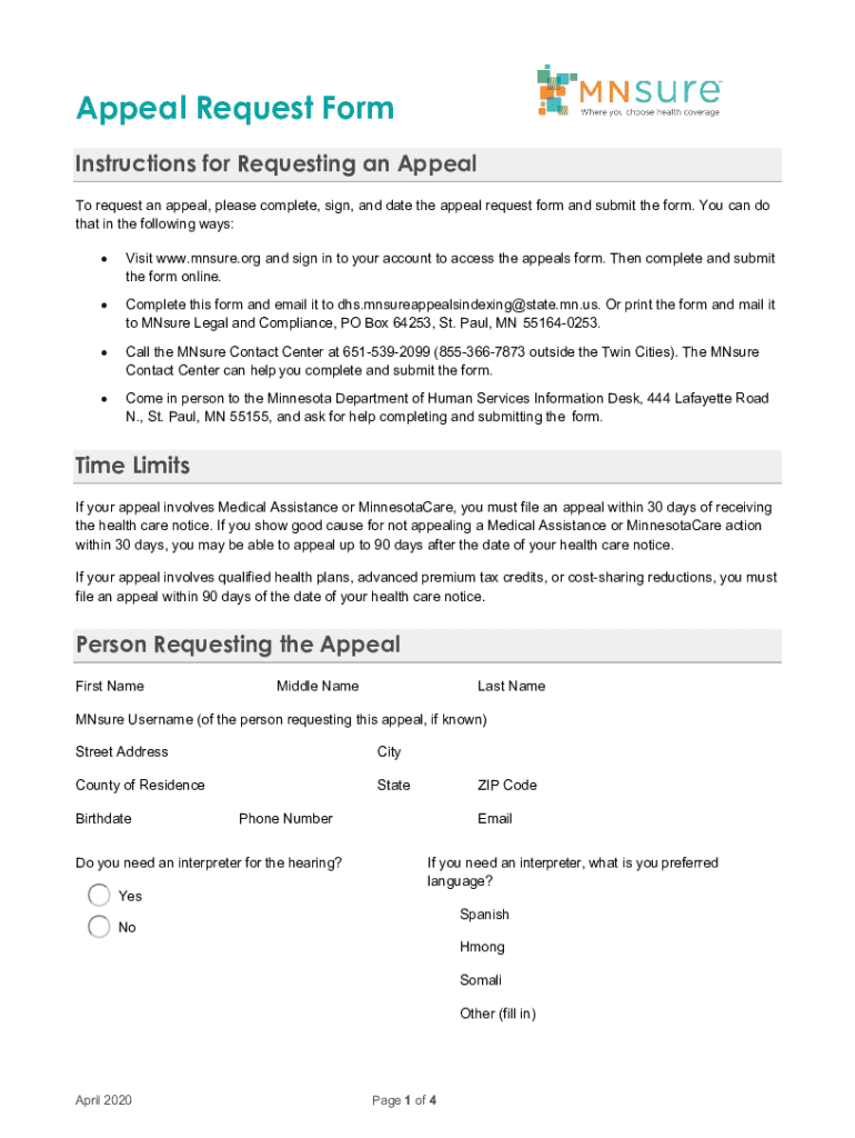 Fillable Online Mnsure Appeals Request Form - Instructions and ...