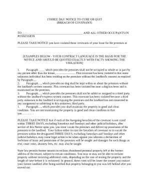 Three Day Notice to Cure or Quit Doc Template | pdfFiller