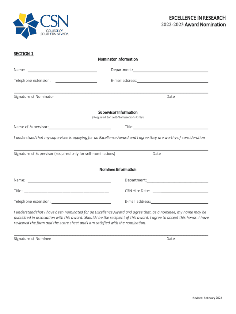Fillable Online Excellence in Research Award Nomination 2023-2024 - Csn Fax Email Print - pdfFiller