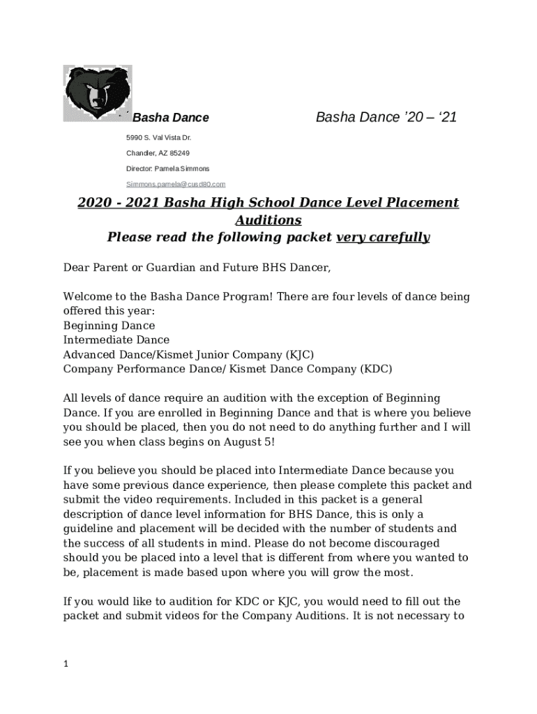 Basha Dance Level Placement Auditions Doc Template | pdfFiller