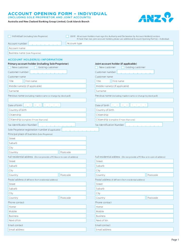 Fillable Online Cook Islands Account Opening FormIndividual including Sole Proprietor and Joint ...