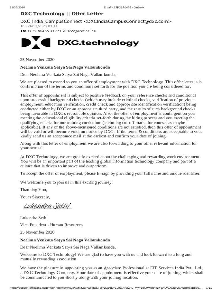 Dxc Technology Offer Letter Doc Template | pdfFiller