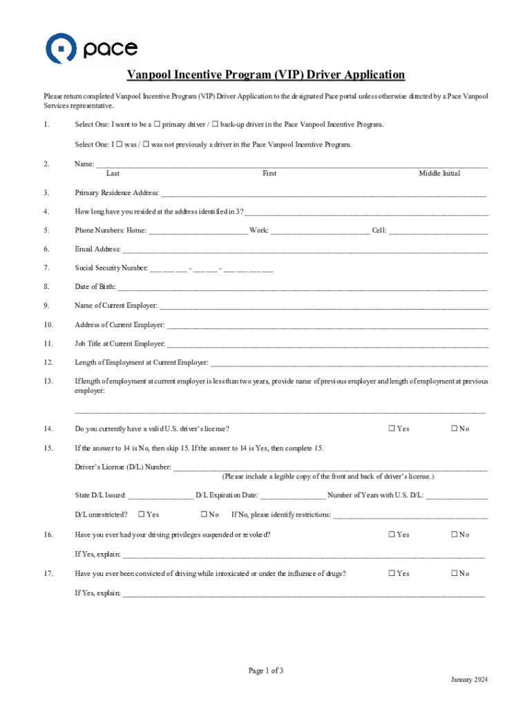 Fillable Online Vanpool Incentive Program Driver Application 2024 Fax ...