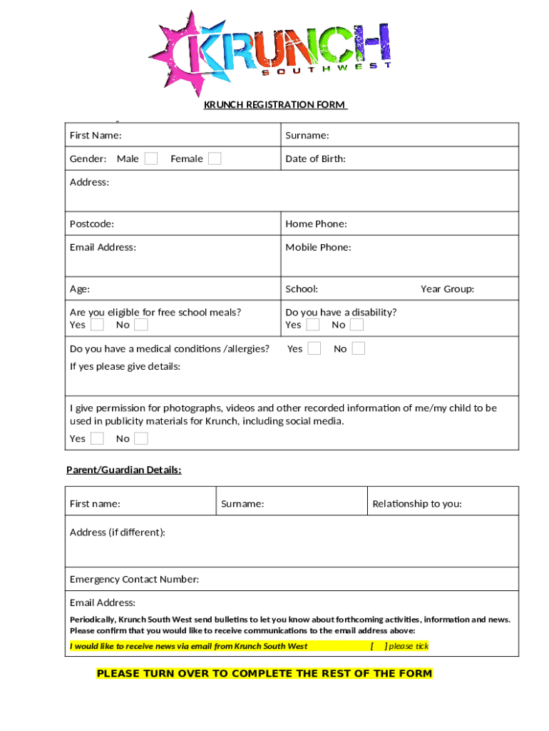 Krunch Registration Doc Template | pdfFiller