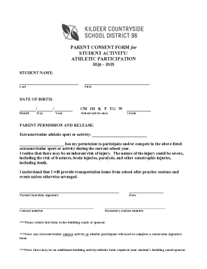 Fillable Online Parent Consent Form for Student Activity and Athletic ...