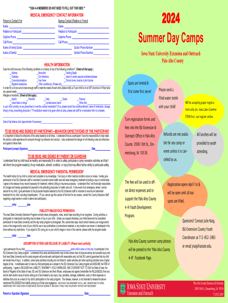 Fillable Online 2024 4-h Summer Day Camps Registration - Medical and ...