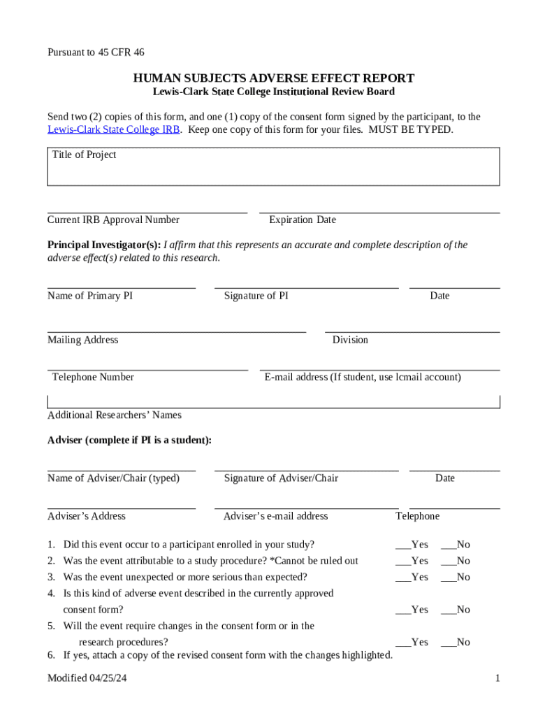 Human Subjects Adverse Effect Report Doc Template | pdfFiller