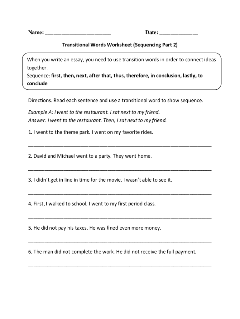 Fillable Online Transitional Words Worksheet: Effective Sequencing ...