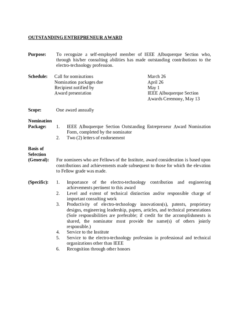 Outstanding Entrepreneur Award Nomination Doc Template | pdfFiller