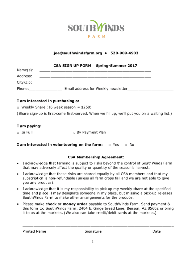 Fillable Online Spring-summer 2017 Csa Sign up Form | Southwinds Farm Fax Email Print - pdfFiller