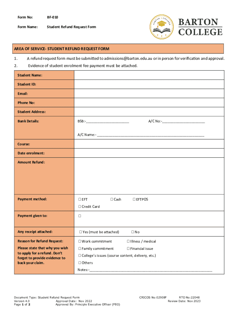 Fillable Online Student Refund Request Form - Barton College 2022 Fax ...