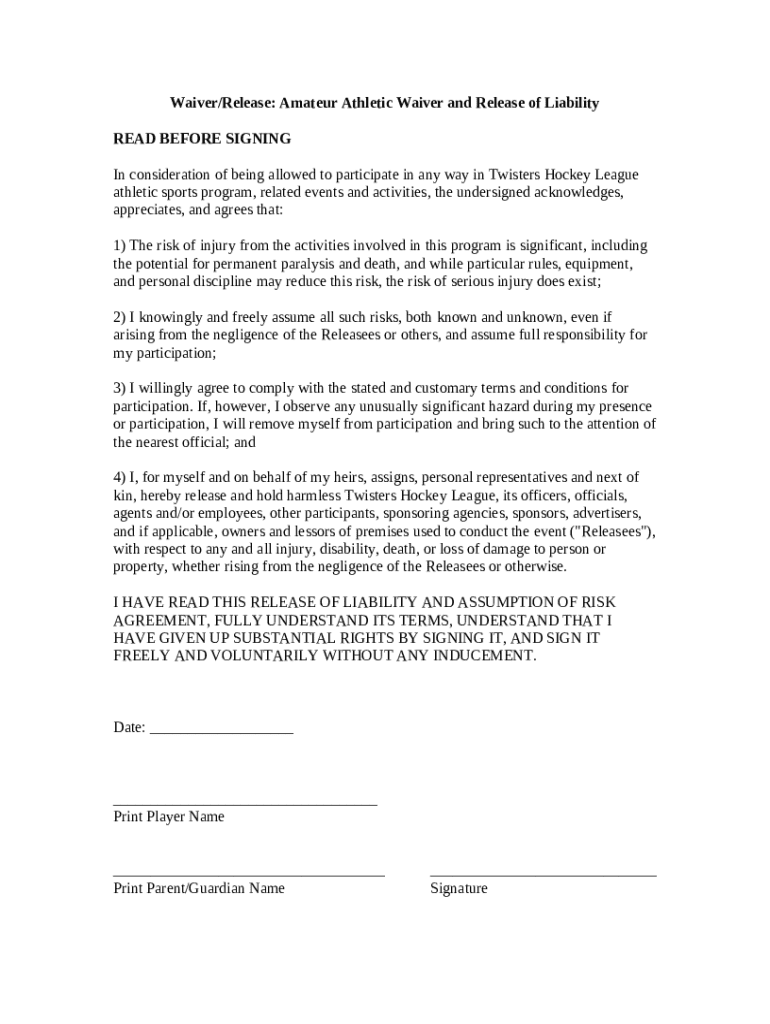 Amateur Athletic Waiver and Release of Liability - cloudfront.net Doc ...