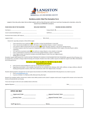 Fillable Online Langston University Residency & Meal Plan Exemption ...