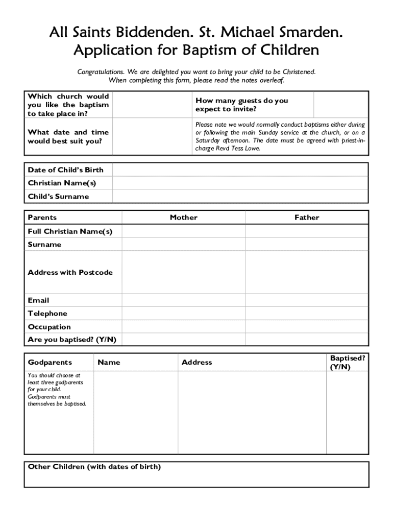 Fillable Online Baptism Application for Children - All Saints Biddenden ...