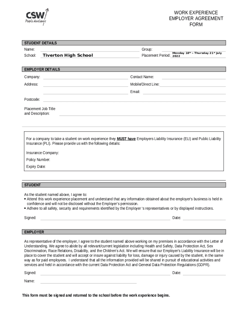 work experience employer agreement Doc Template | pdfFiller