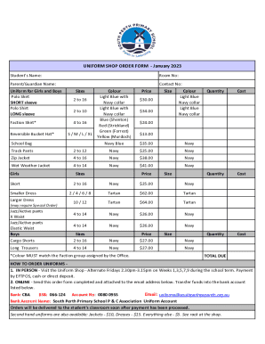 Fillable Online Uniform Shop Order Form - January 2023 | South Perth ...