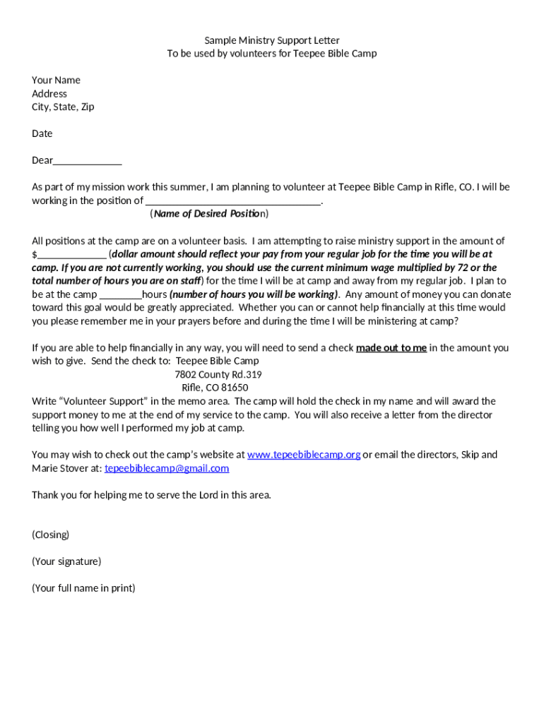 Sample Ministry Support Letter Doc Template | pdfFiller