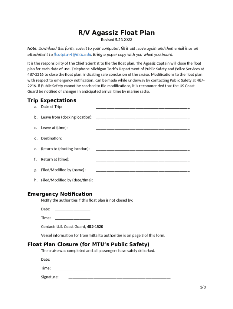R/V Agassiz float plan Doc Template | pdfFiller