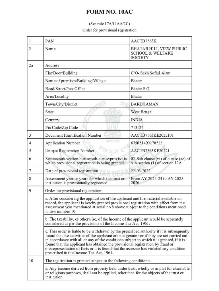 Fillable Online Provisional Registration Order for Charitable Trusts ...